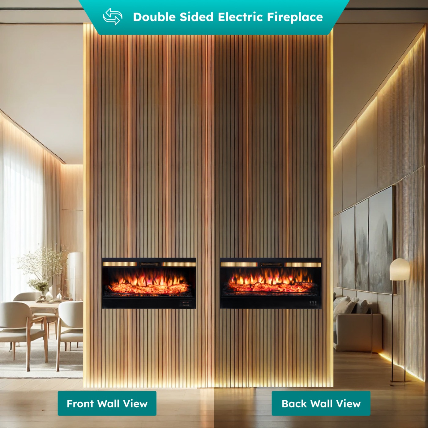 Luxury Double-Sided Electric Fireplace with Remote & Heat